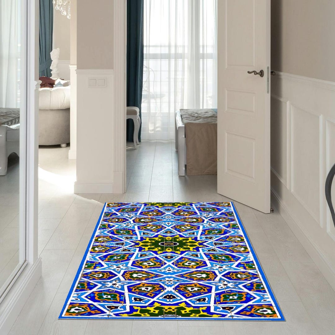 Tile Pattern Rug, Non-slip Mosaic Tile Inspired Carpet Blue White ...