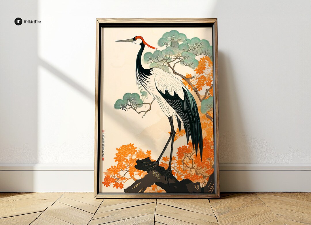 Orange Crane Perched on a Branch, Poster, Print, Japanese Poster ...