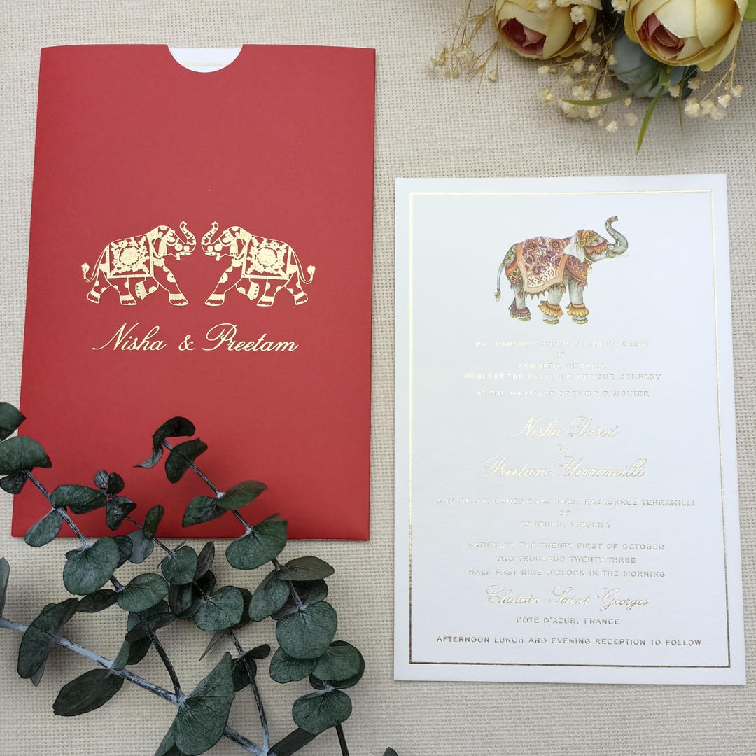 Luxury Traditional Elephant Wedding Invitation, Red and Gold Foil ...