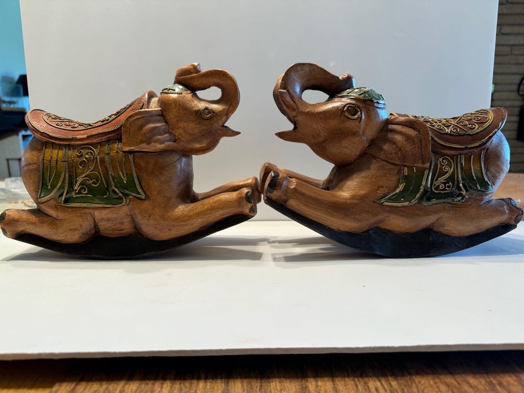 Two Hand-carved Wooden Rocking Elephant Figurines - Decorative ...