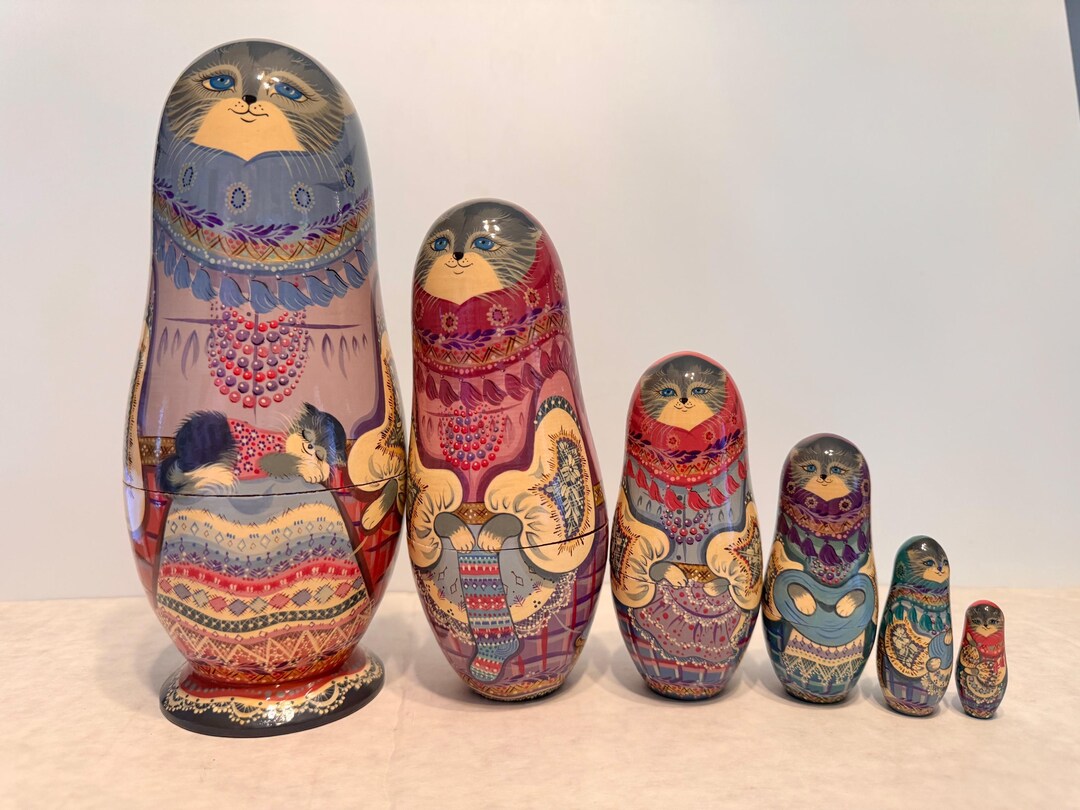 Russian Matryoshka Nesting Dolls 6 Piece Set - Tall Cat - Etsy