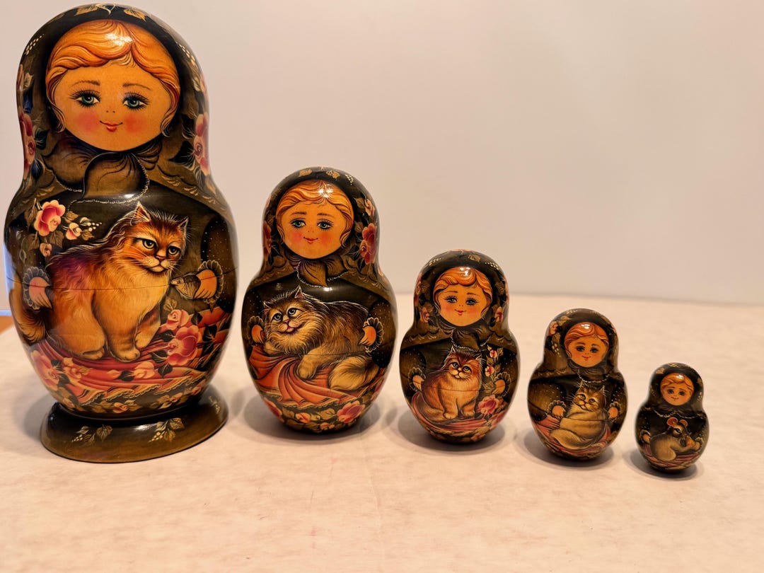 Russian Matryoshka Nesting Dolls 5 Piece Set Cats and Roses - Etsy