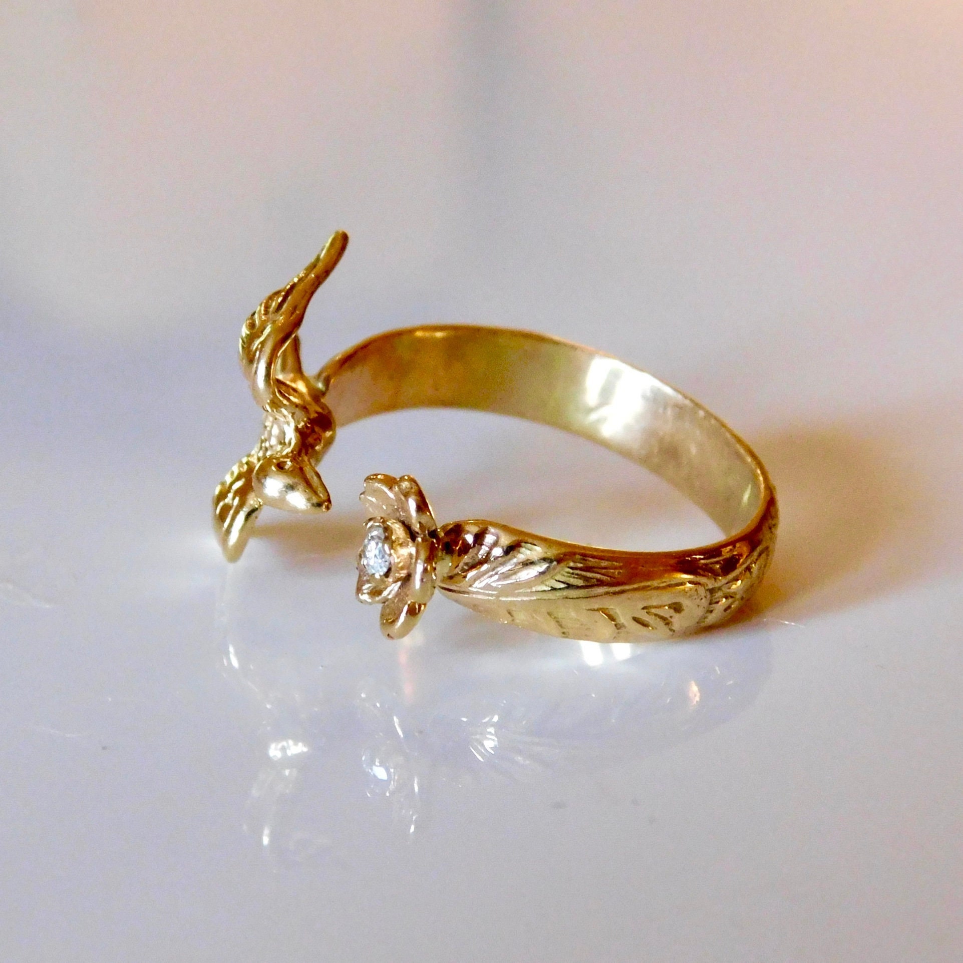 18k Solid Gold Bird Kissing a Flower Diamond Ring | Whimsical Design ...