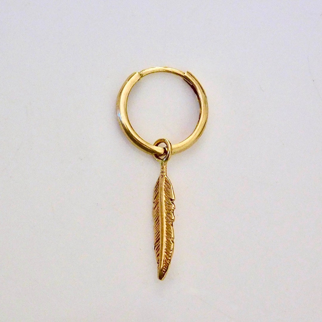 18k Solid Gold Feather Hoop Earring: Delicate Everyday Jewelry - Etsy