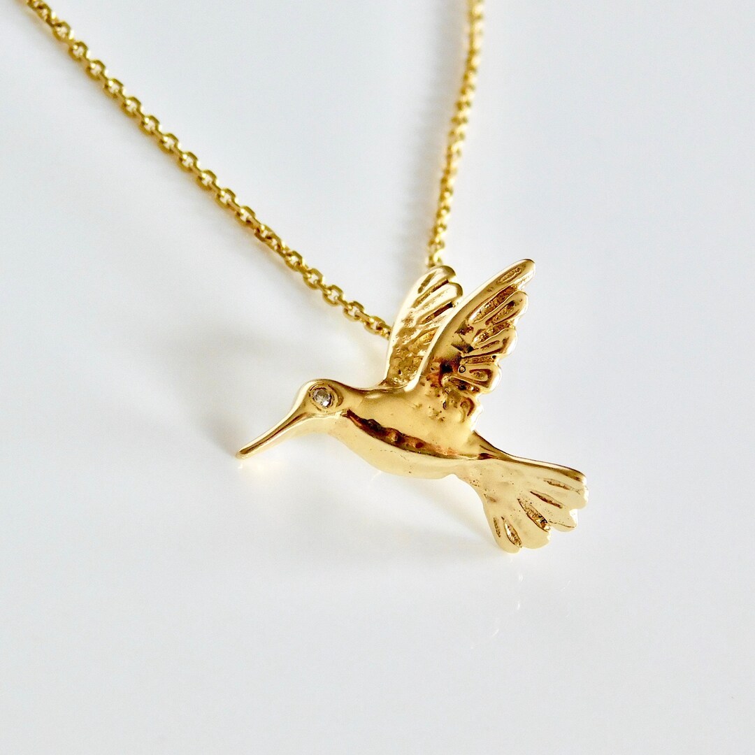 18K Gold Hummingbird Pendant With Diamond Eye - Bird Amulet - Etsy
