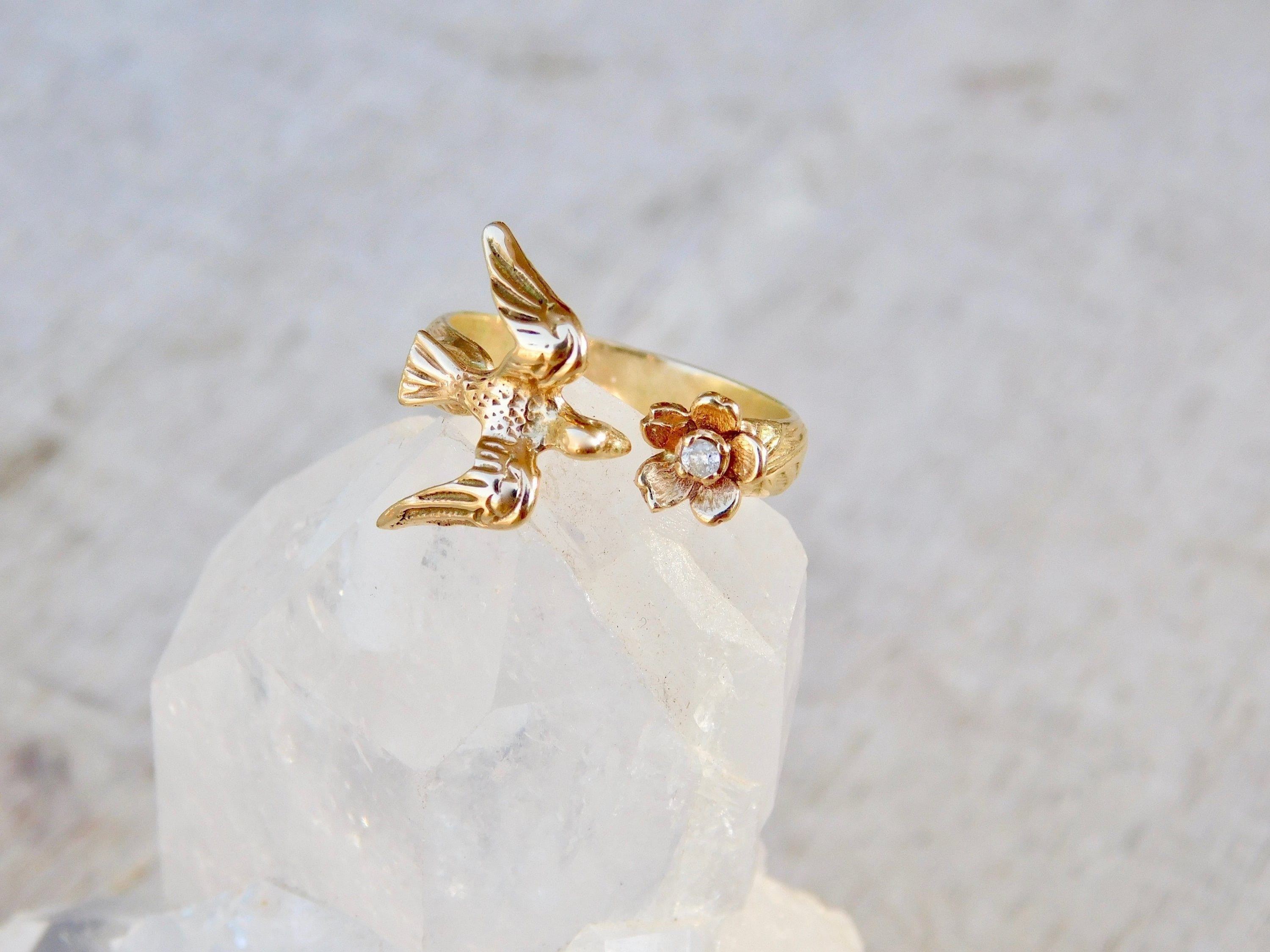 18k Solid Gold Bird Kissing a Flower Diamond Ring | Whimsical Design ...