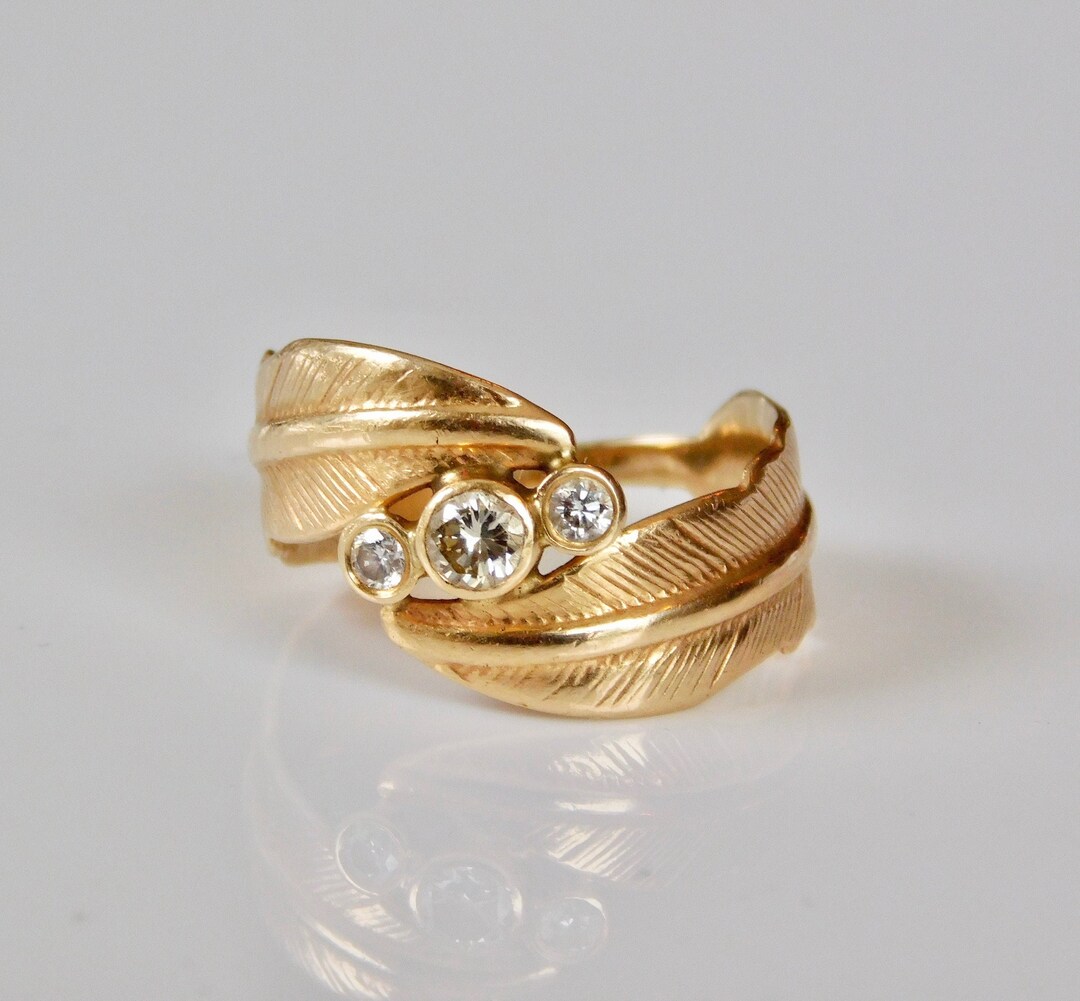Diamond Feather Ring in 18k Solid Gold - Etsy