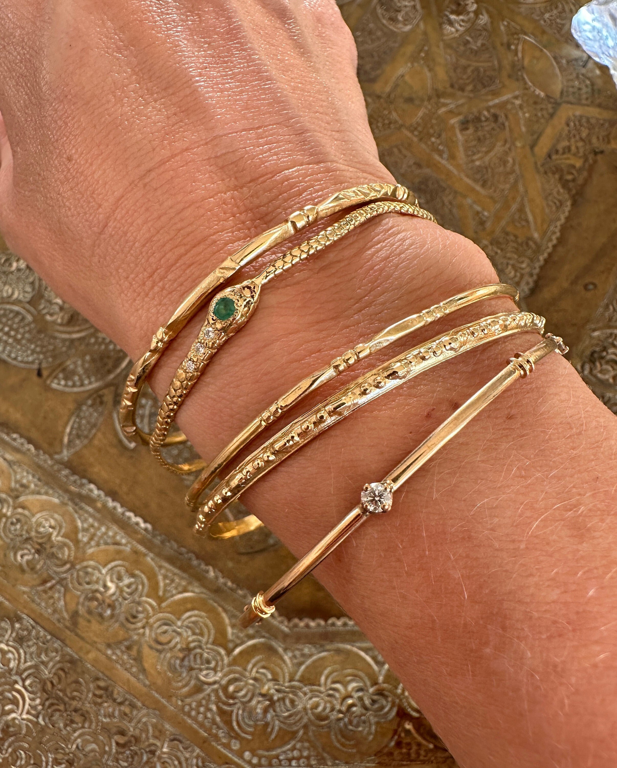 18k Gold Snake Bangle Bracelet With Emerald & Diamond Heads | Eternal ...