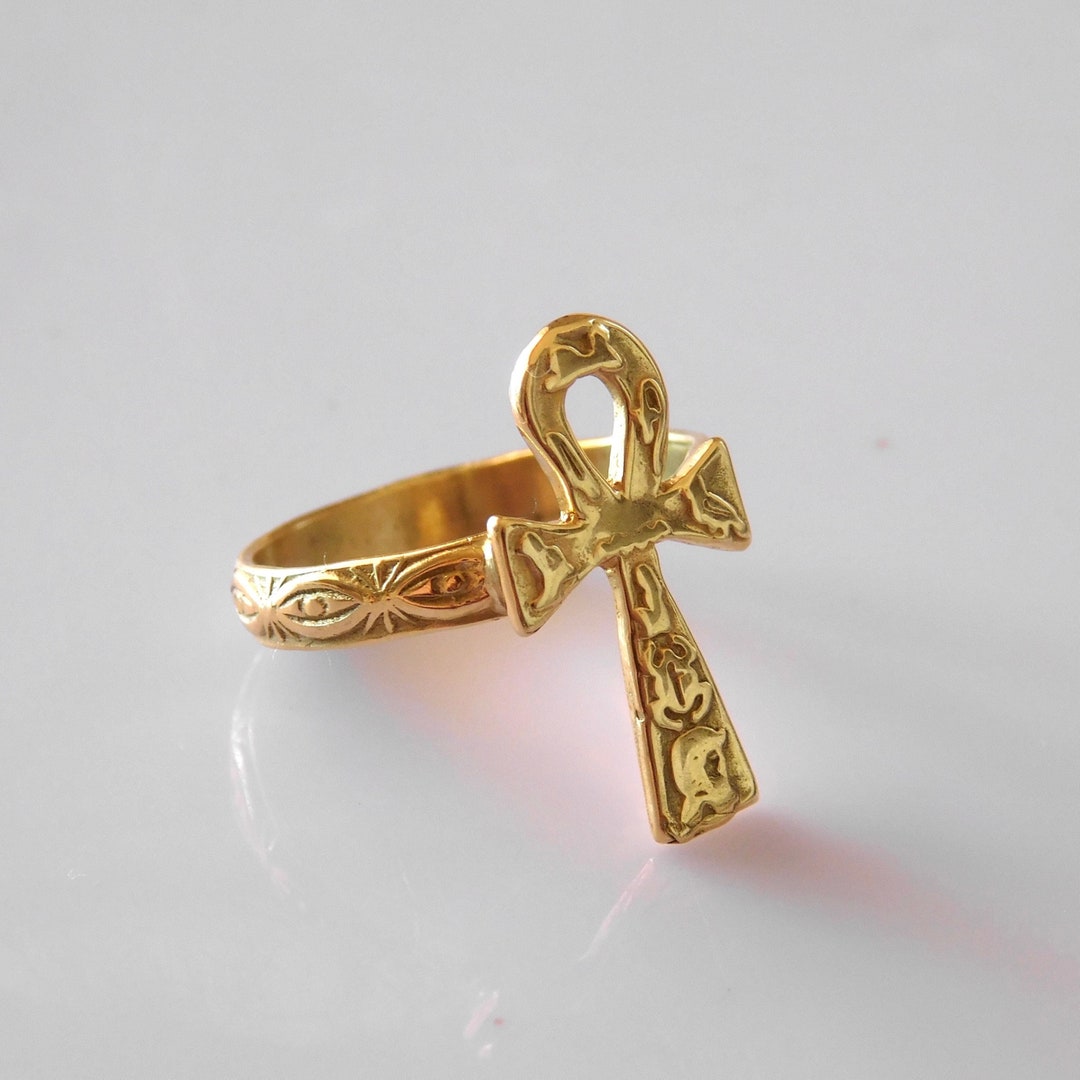 18k Solid Gold Ankh Cross Ring | Eternal Life & Eye Protection Band ...