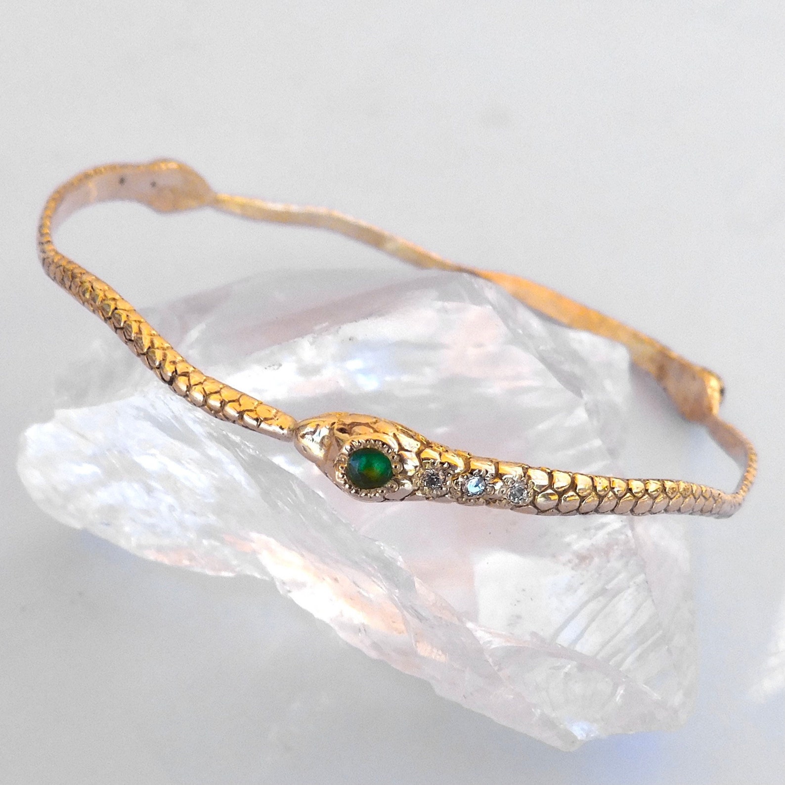 18k Gold Snake Bangle Bracelet With Emerald & Diamond Heads | Eternal ...