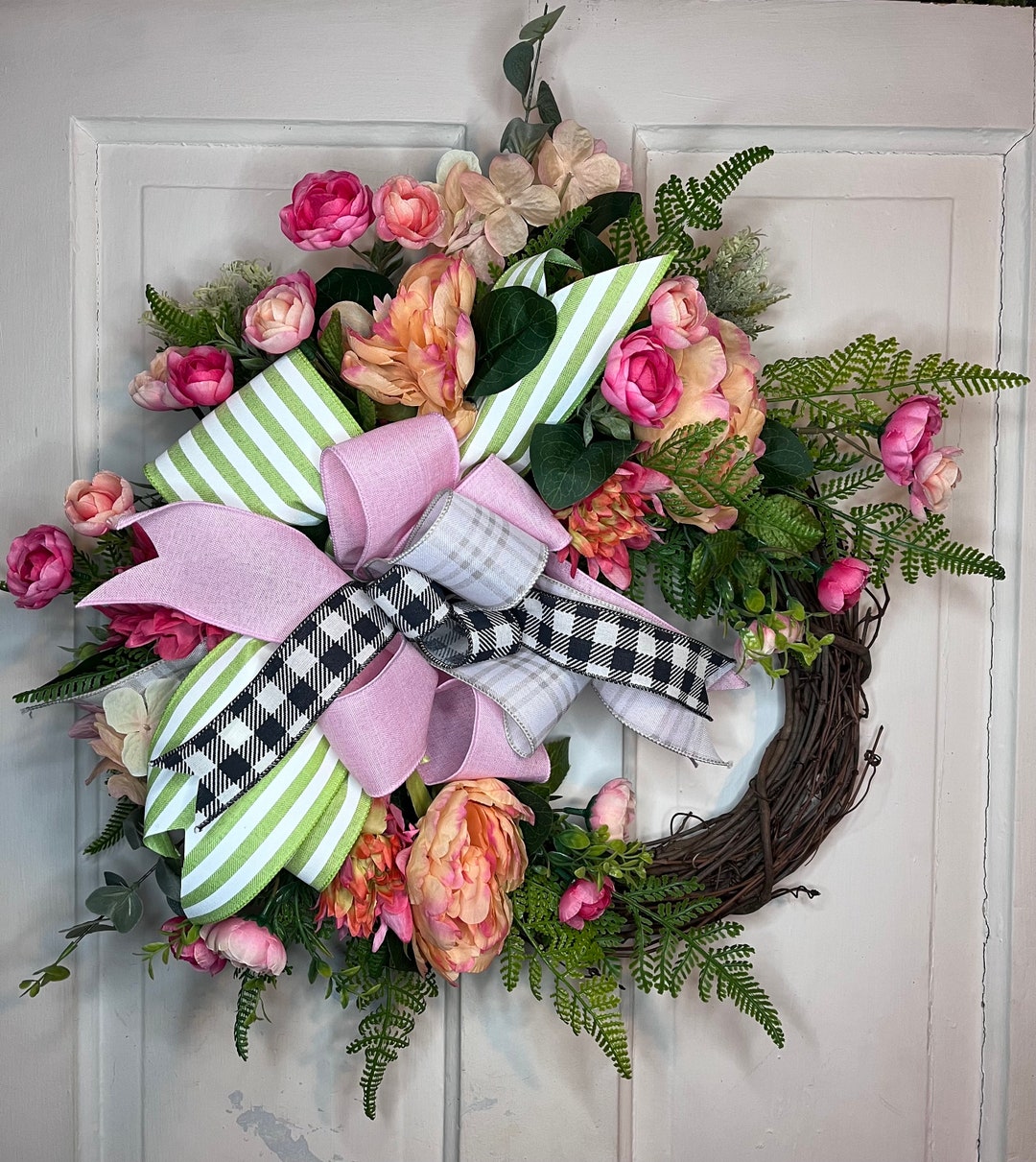 Peony Dahlia Ranunculus Hydrangea and Fern Grapevine Wreath Door ...