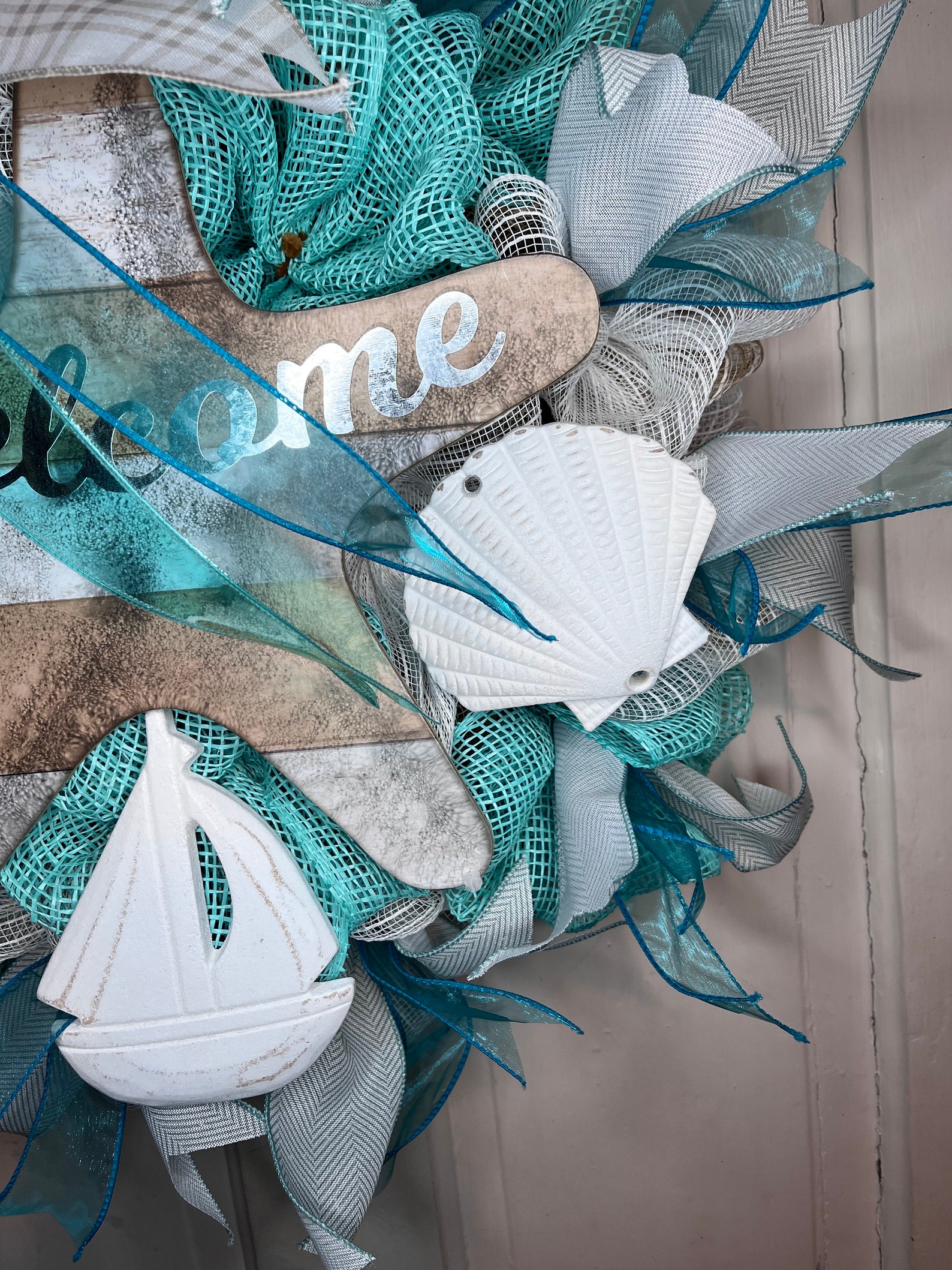 Nautical Ocean Beachy Sea Side Welcome Mesh Wreath Door Decor Home ...