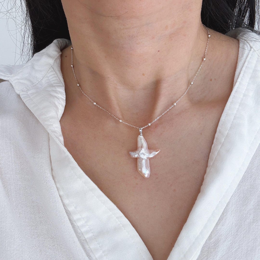 Real Pink Pearl Cross Pendant With Diamond Accents, S925 Sterling ...