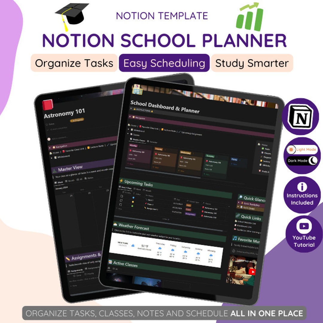 Notion Student School Planner & Organizer Template | School Planner ...