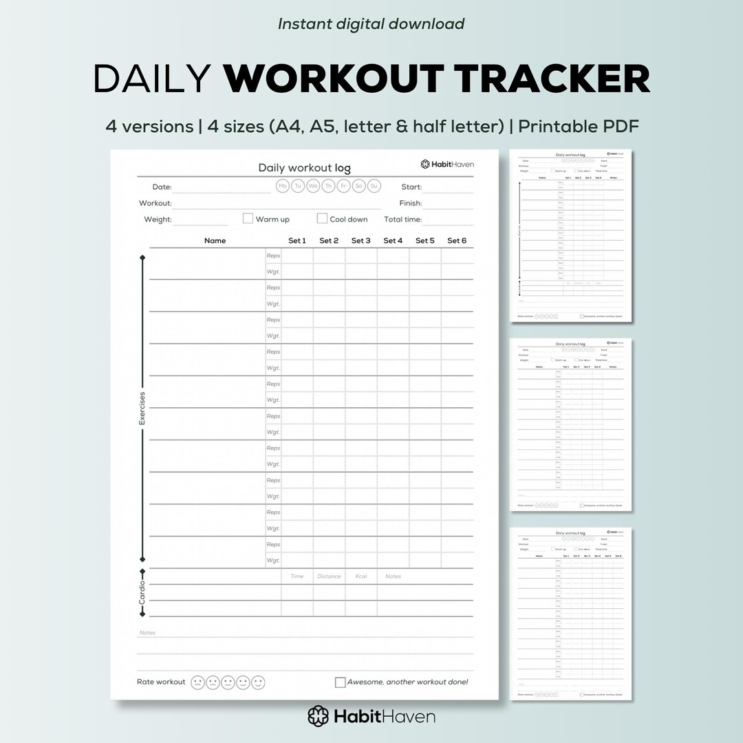 Daily Workout Tracker Printable Exercise Log Journal Fitness Planner - Etsy