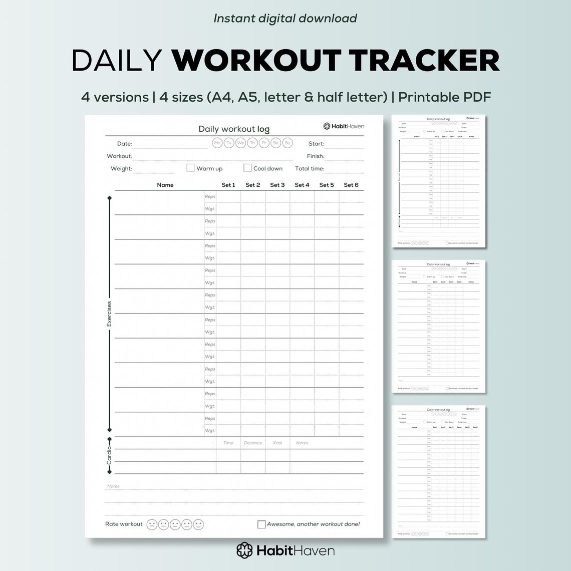 Daily Workout Tracker Printable Exercise Log Journal Fitness Planner - Etsy