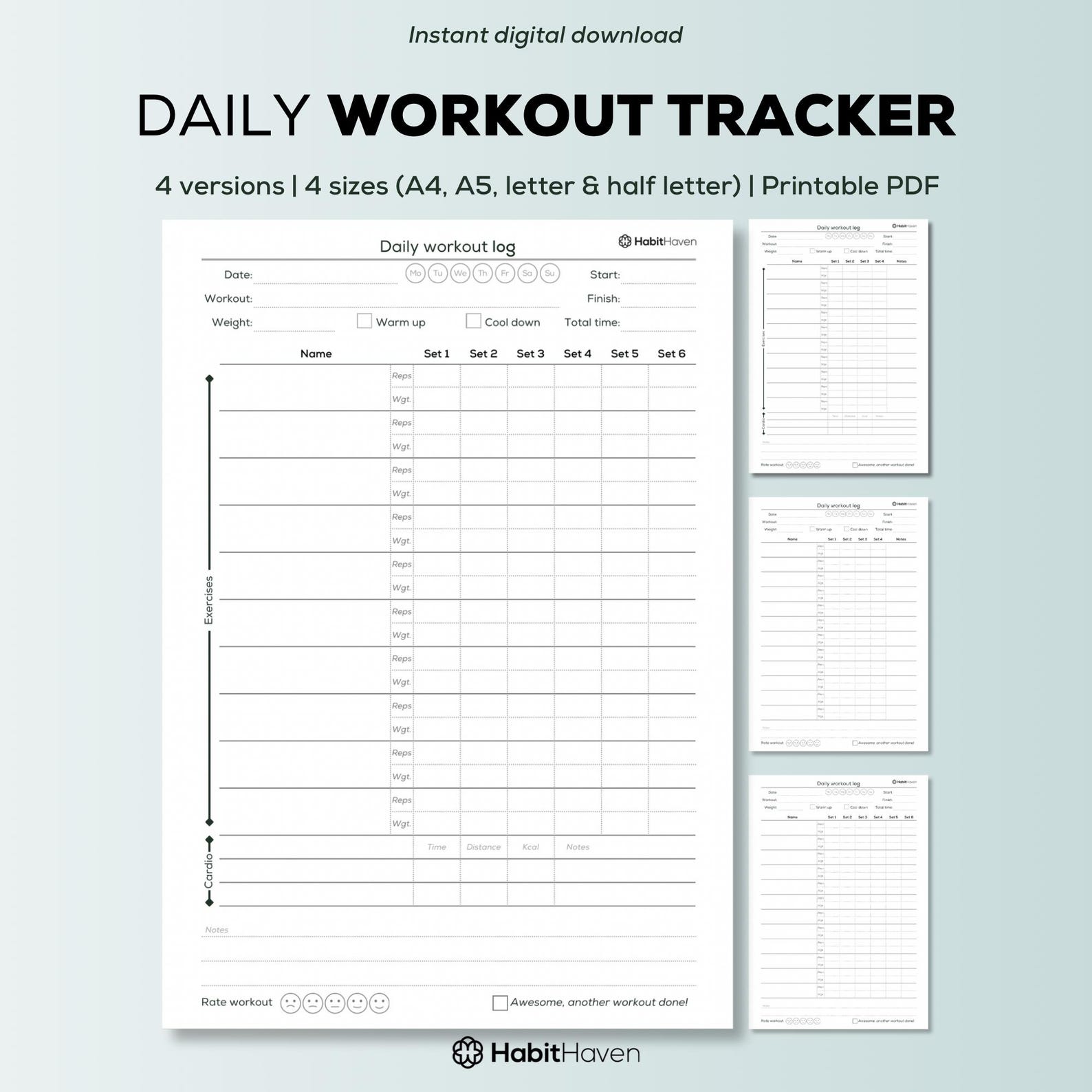 Daily Workout Tracker Printable Exercise Log Journal Fitness Planner - Etsy