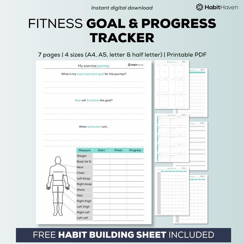 Progress Tracker Printable Goal Setting Template Fitness Habit Journal ...