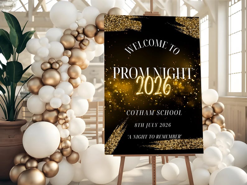 PERSONALIZED PROM WELCOME Sign: Black Gold School Dance Entrance Board ...