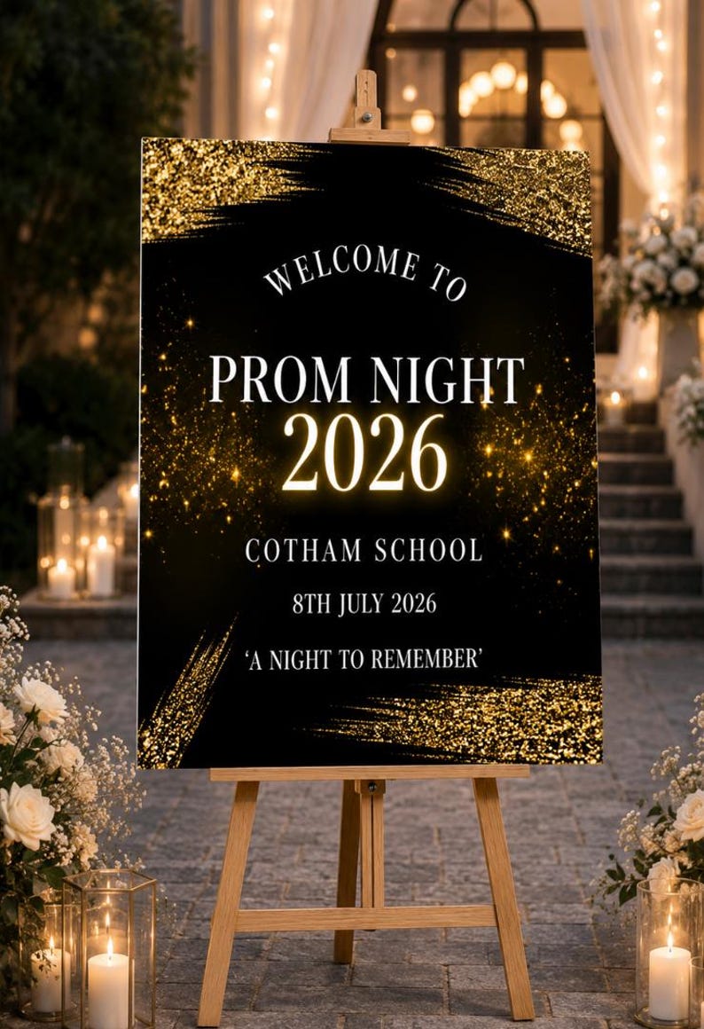 PERSONALIZED PROM WELCOME Sign: Black Gold School Dance Entrance Board ...