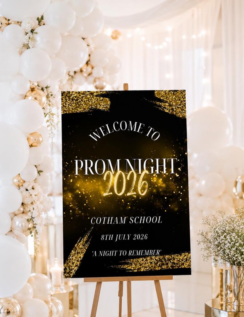 PERSONALIZED PROM WELCOME Sign: Black Gold School Dance Entrance Board ...