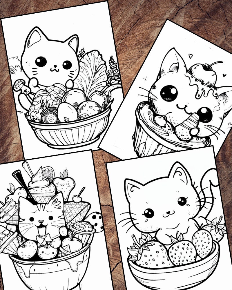 Kawaii Cat Coloring Pages, Cute Cat Coloring Sheets, Kawaii Food ...