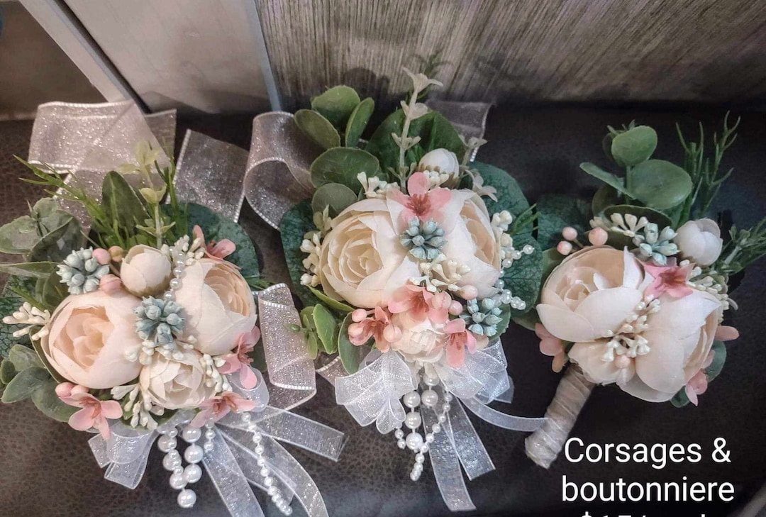 Silk Corsages & Boutonniere Wrist Corsage Spring Peach Pink Light Blue ...
