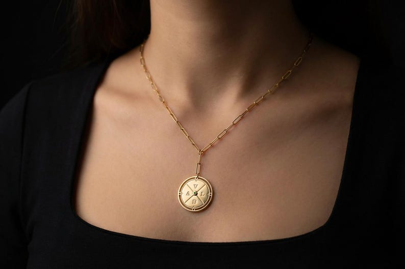Compass Pendant Necklace With Center Birthstone Personalized 4-initial ...
