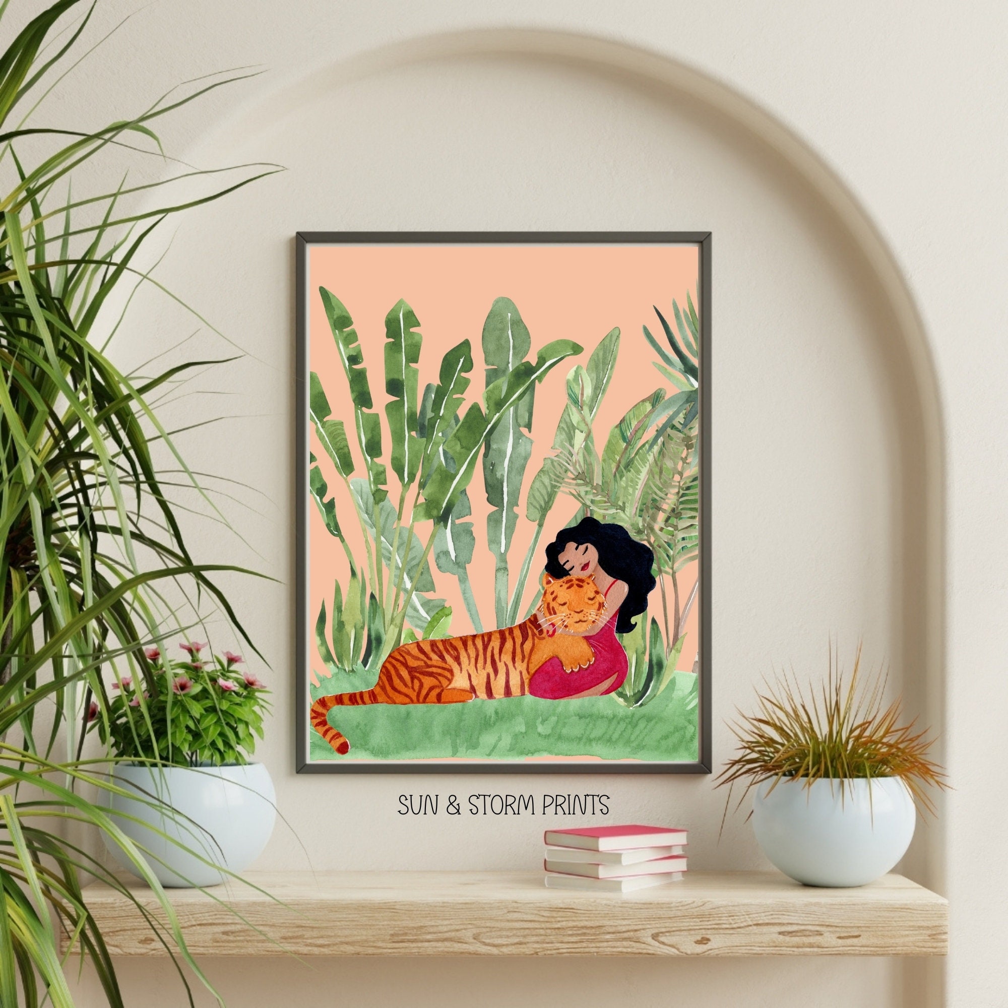 Whimsical Tiger Print, Jungle Nursery Wall Art, Peach Boho Animal ...