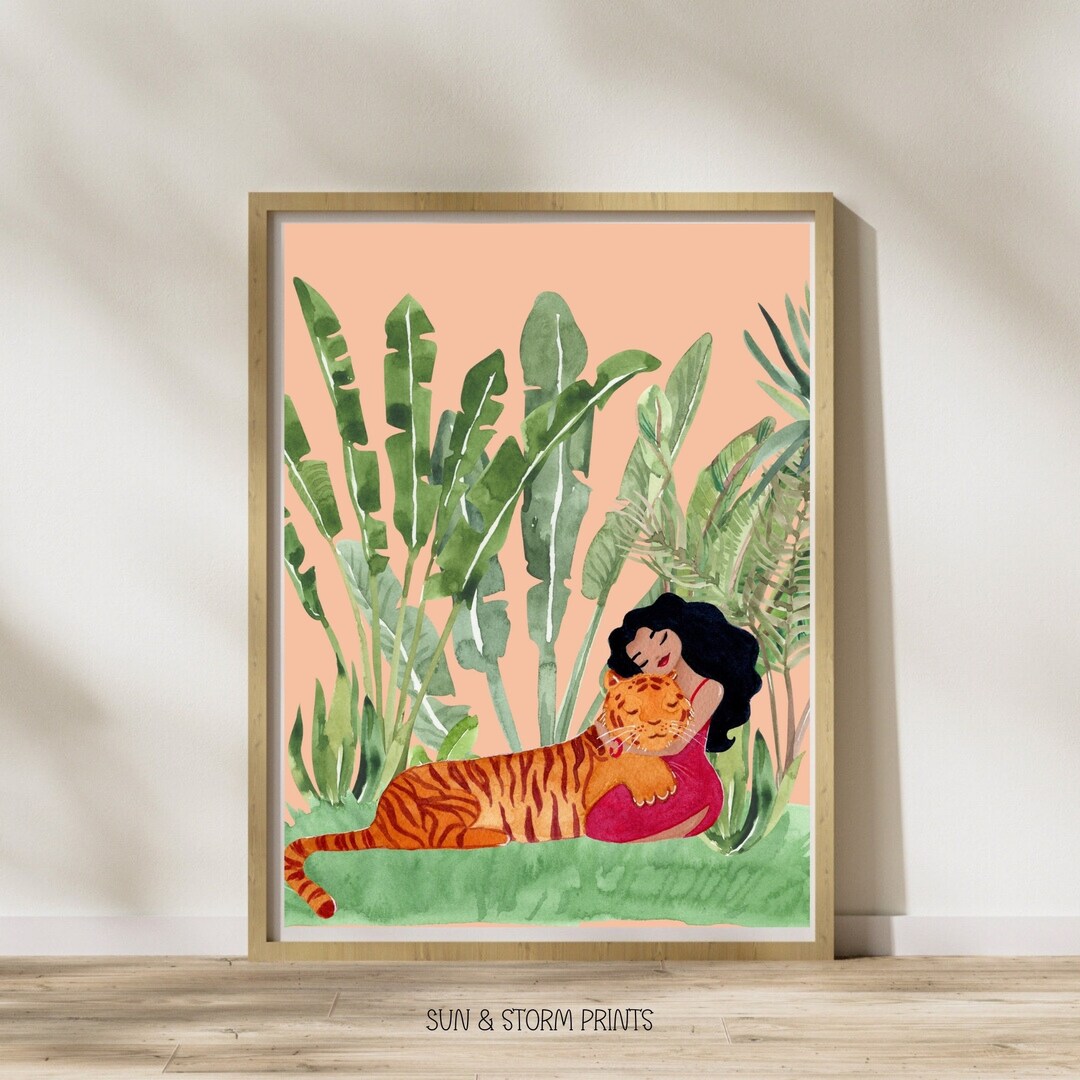 Whimsical Tiger Print, Jungle Nursery Wall Art, Peach Boho Animal ...