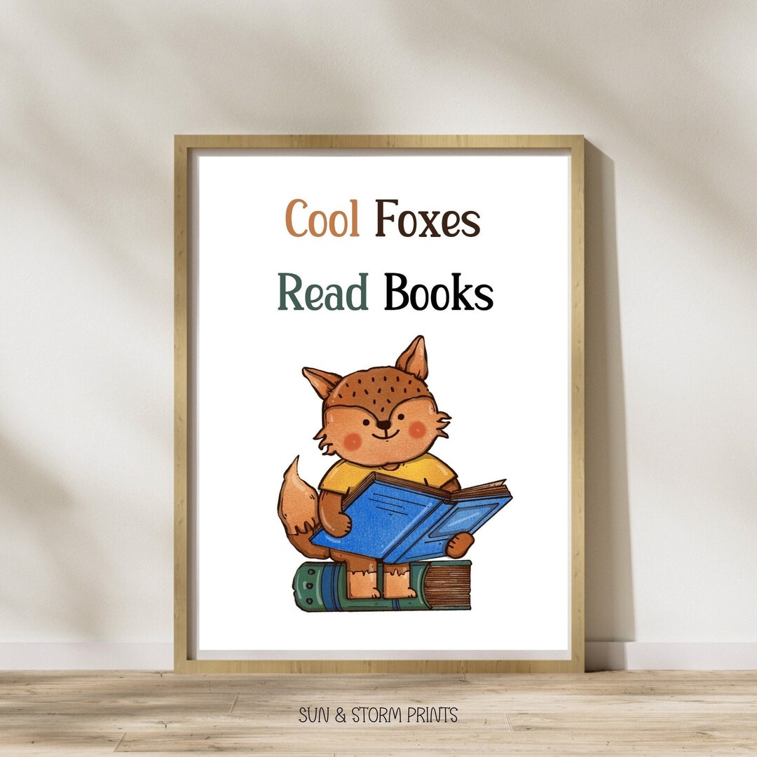 Reading Fox Printable Wall Art, Cool Foxes Read Books Illustration, Fox ...