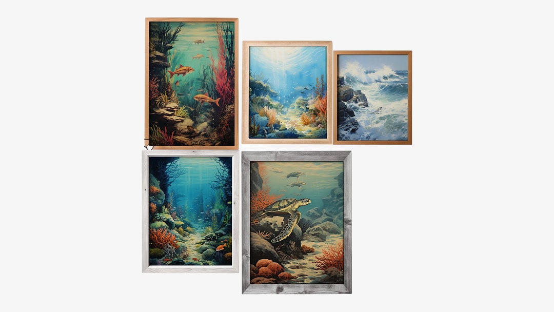 Vintage Oceanic Prints, Set of 5 Underwater Ocean Themed Wall Art, Reef ...