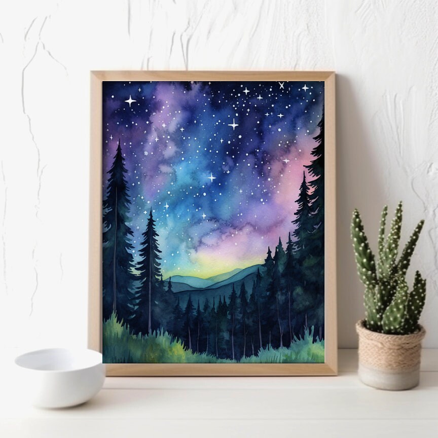 Printable Watercolor Night Sky Prints, Vintage Night Sky Themed ...