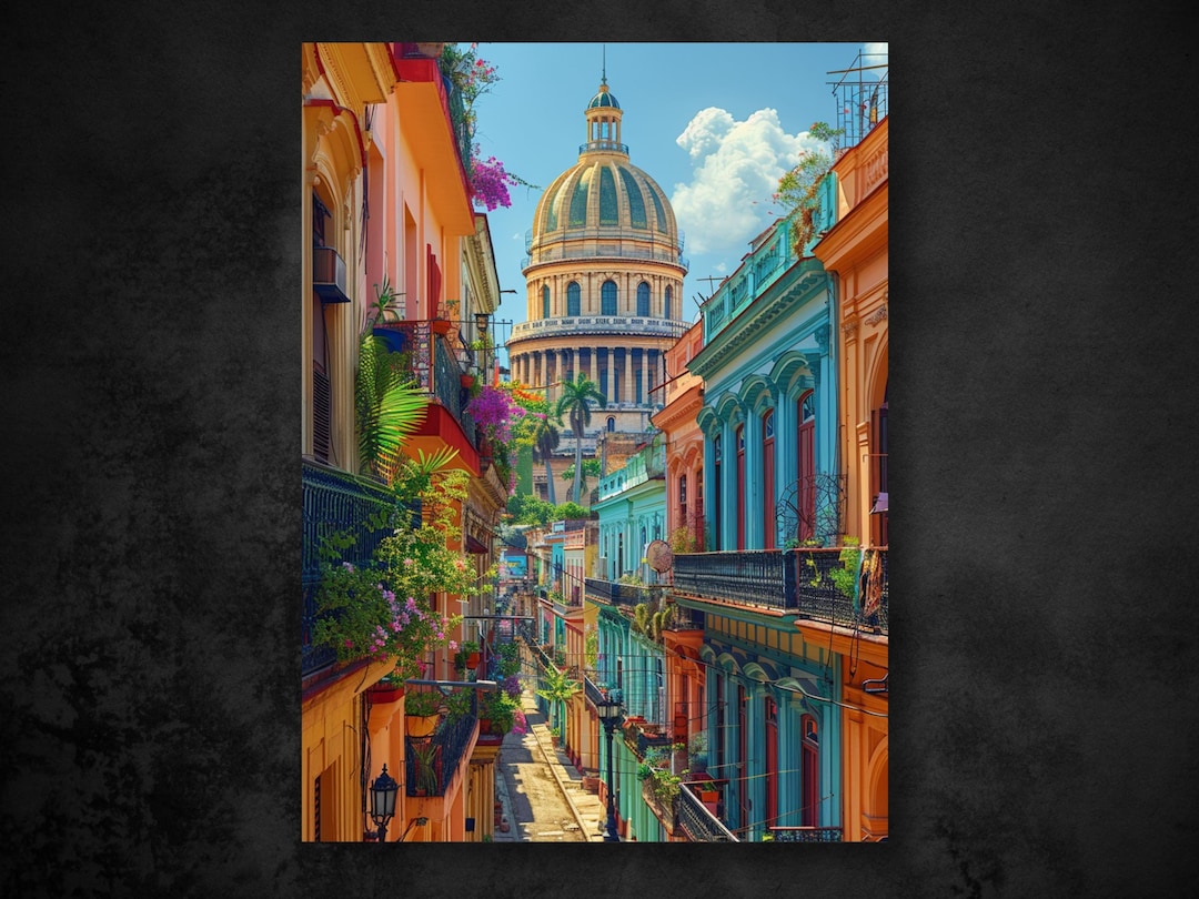 Colorful Cuban Street Scene Digital Print, La Habana, Cuba Tropical ...