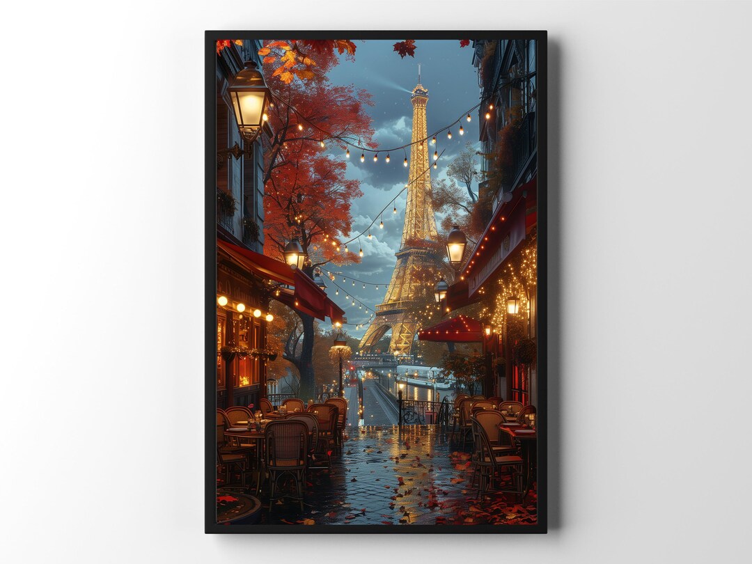 Paris Eiffel Tower Café Nightscape Printable Wall Art, Romantic Autumn ...