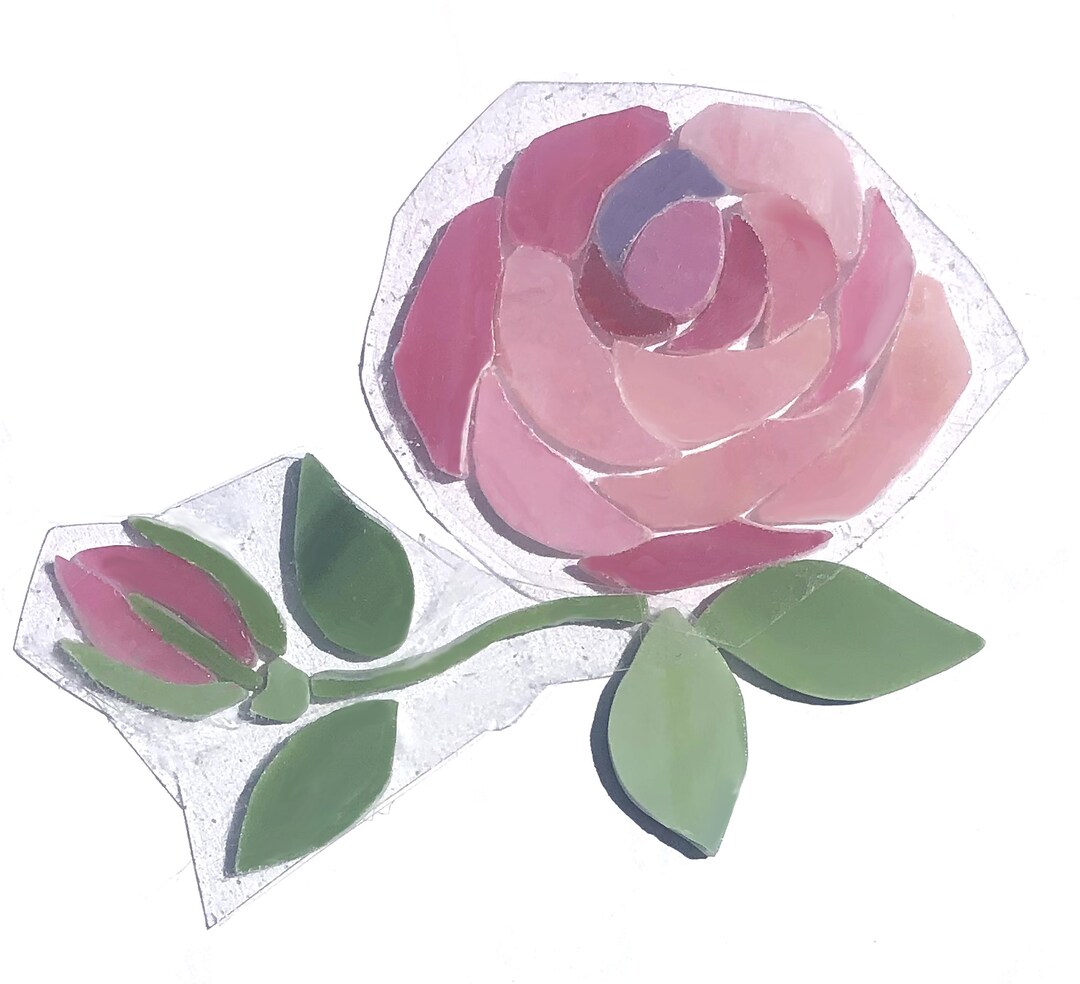 Hand-cut Mosaic Pink Stained Glass Rose, Rosebud & Leaves Handcut in ...
