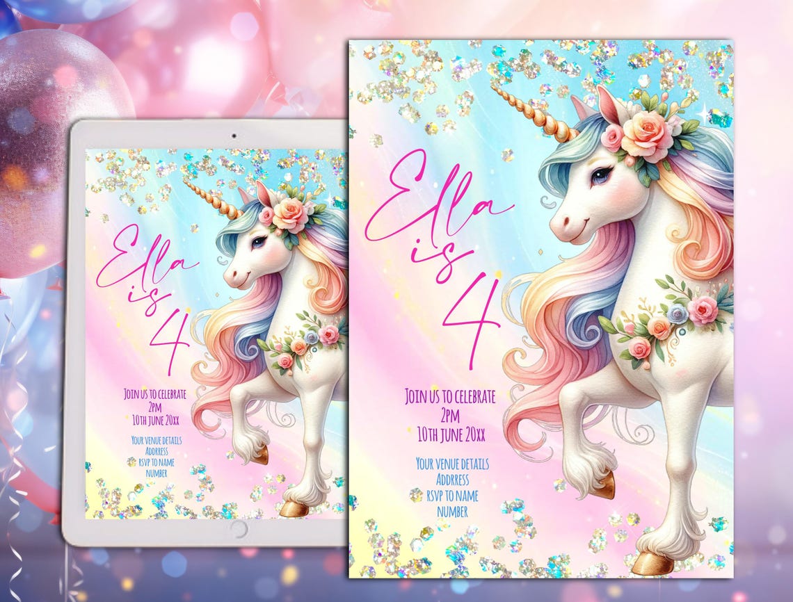 Editable Cute Bright Unicorn Rainbow Glitter Digital Invitation Girls ...
