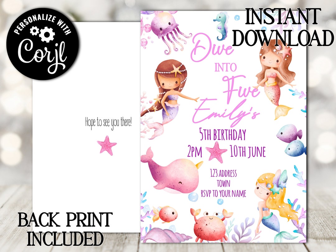 Editable Mermaid Digital Invitation - Girls Under the Sea Party ...