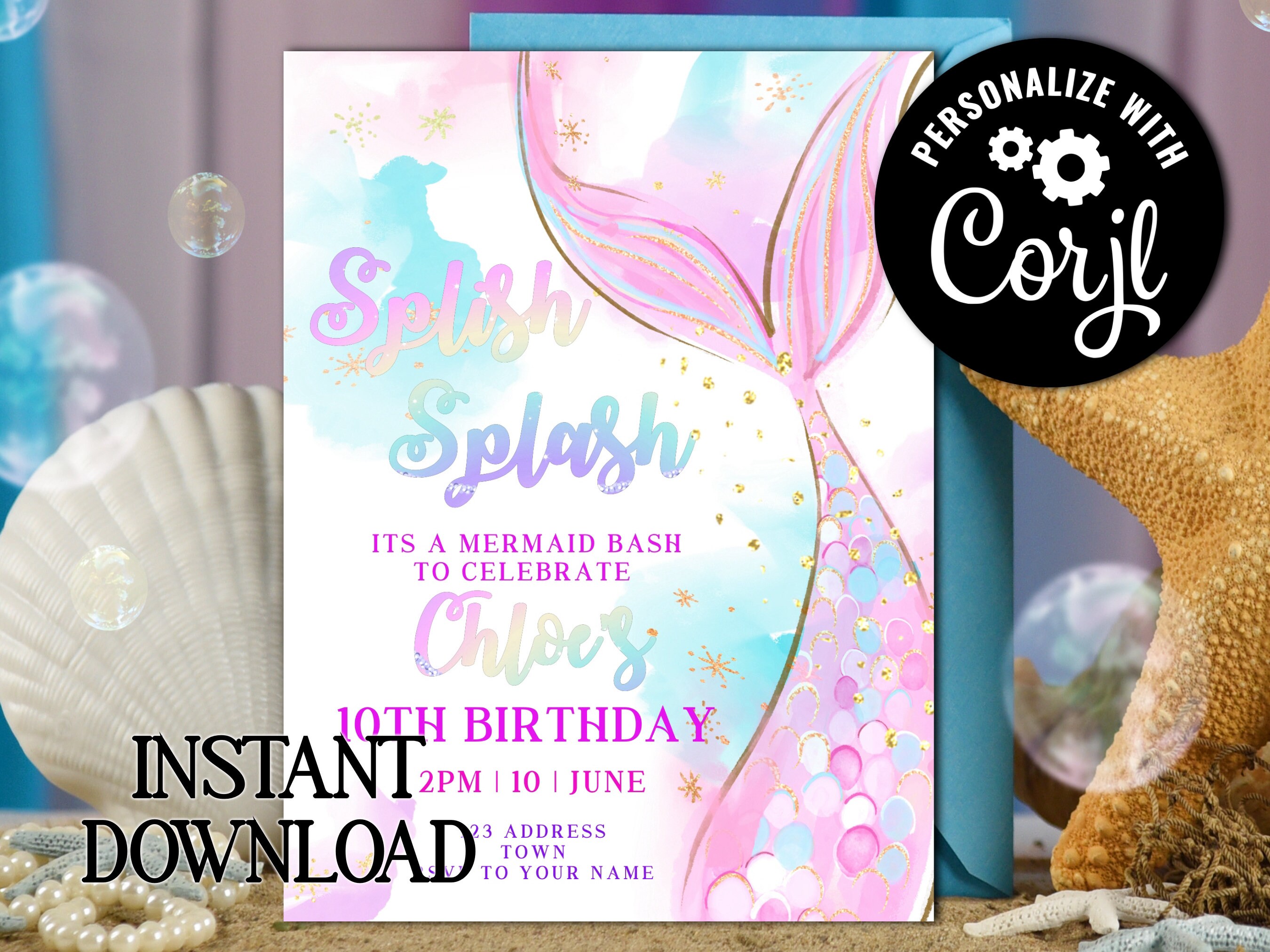 Editable Mermaid Tail Digital Invitation - Girls Under the Sea Party ...