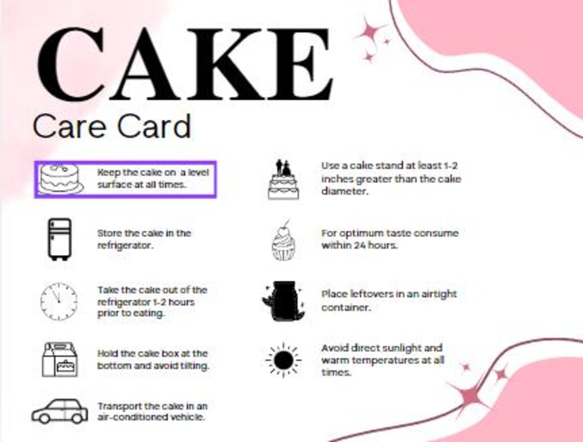 Editable Cake Care Guide, Cake Guide Template, Printable Cake Care Card ...