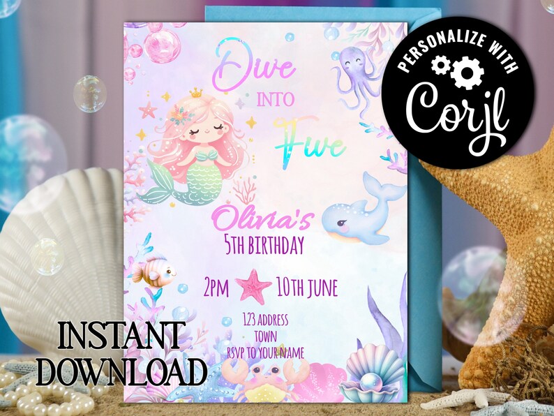 Editable Cute Mermaid Digital Invitation - Girls Under the Sea Party ...