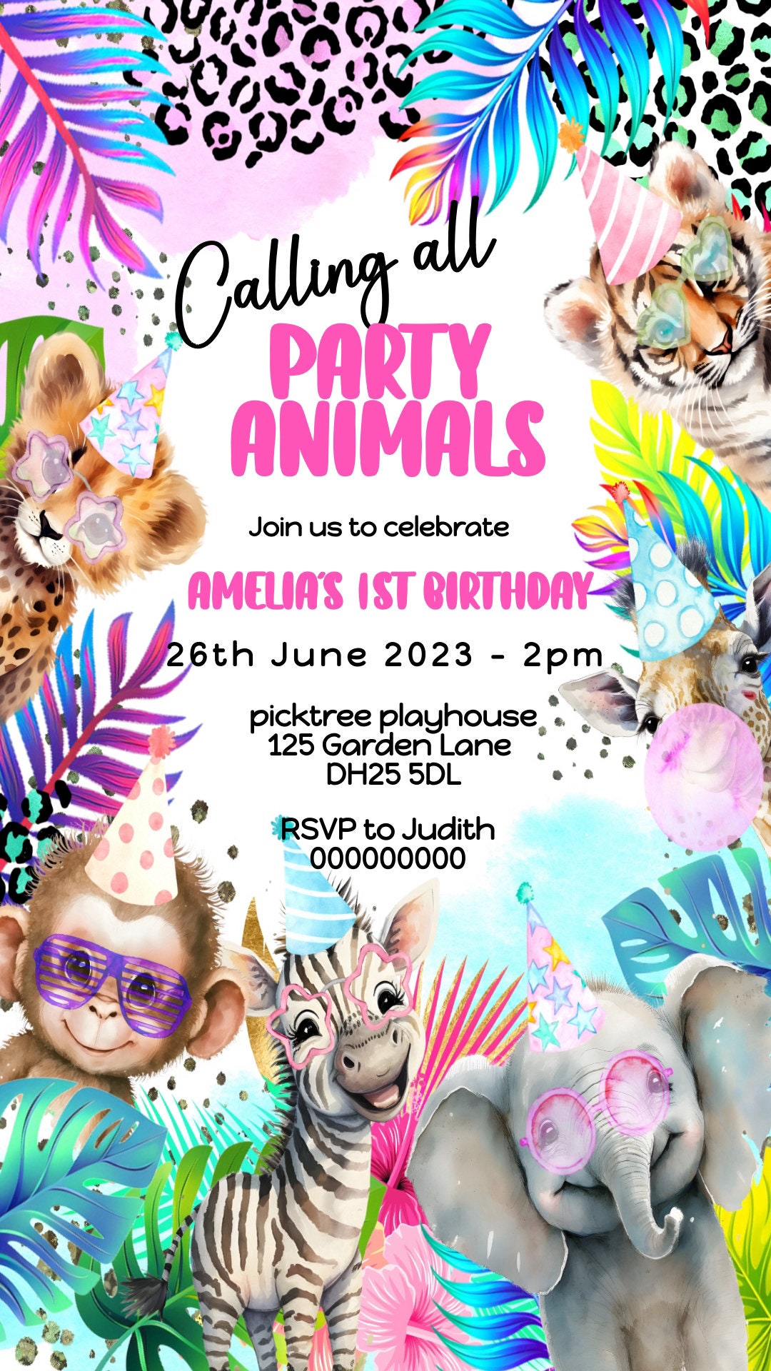 Party Animals Mobile Phone Invitation - Editable Digital, Wild One ...