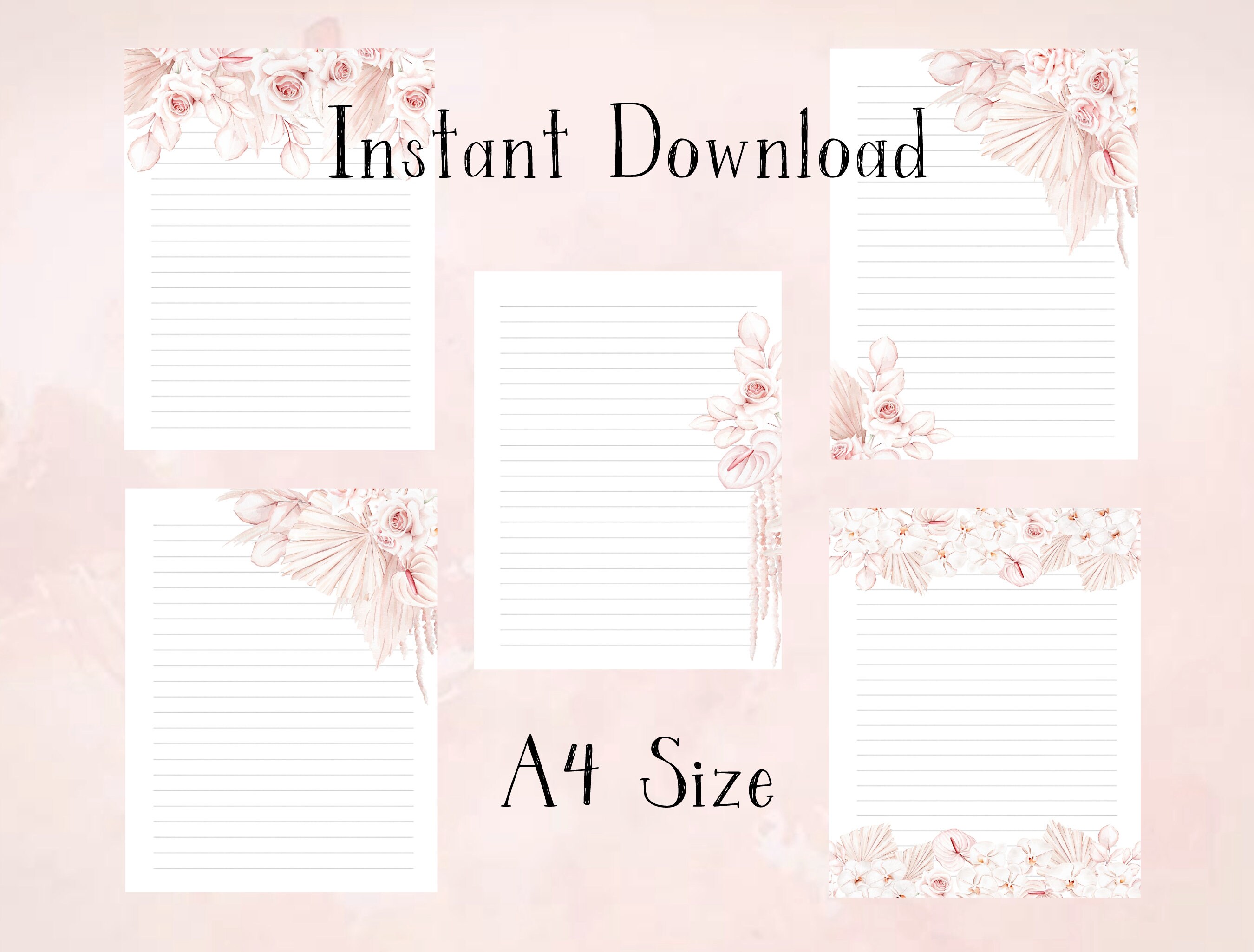 Printable Pink Dried Flowers Stationary, Floral Print, Blank and Lined ...