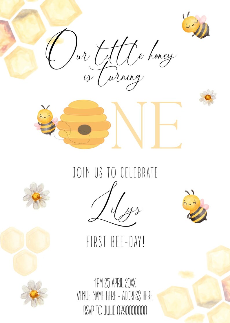 Editable Honey Bee Digital 1st BEE-DAY Invitation. First Bee Day, Bee ...