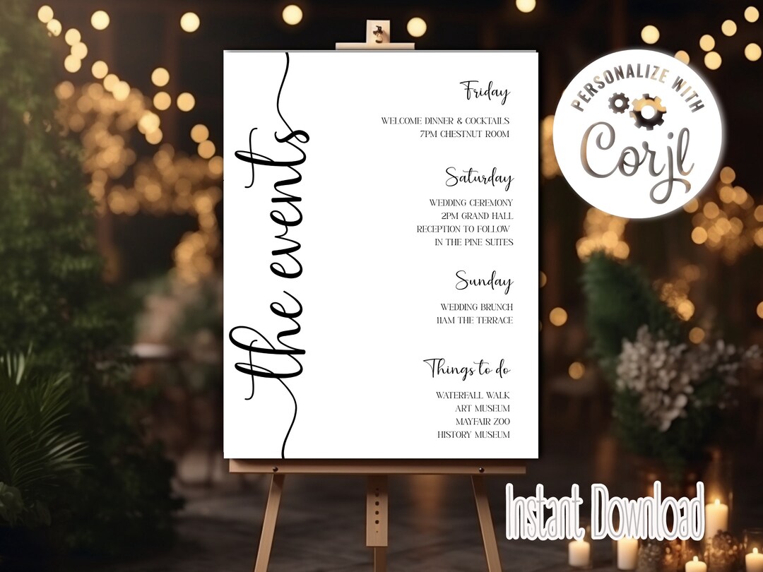 Wedding Welcome Events Sign Template, Wedding Signage, Wedding Decor ...