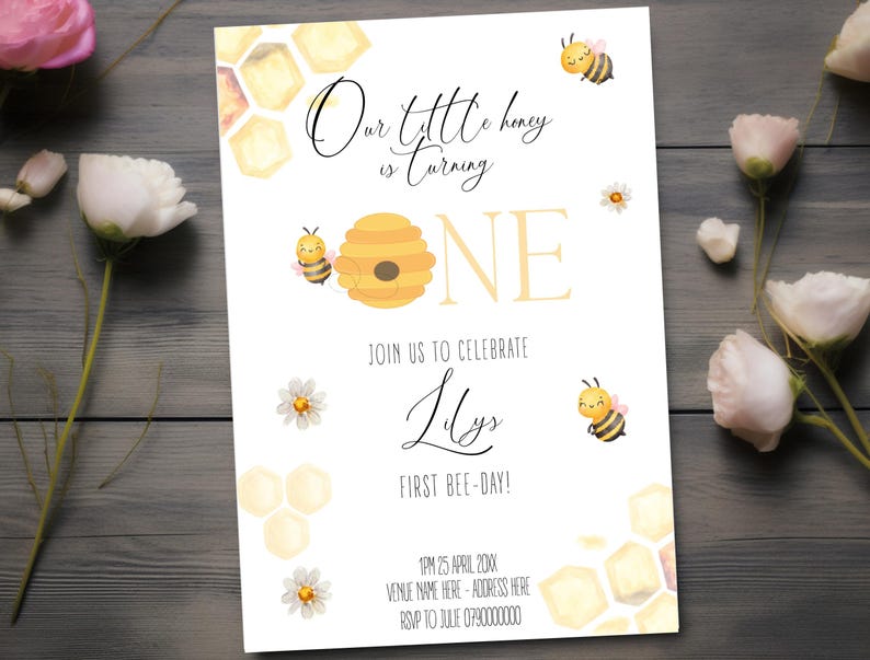 Editable Honey Bee Digital 1st BEE-DAY Invitation. First Bee Day, Bee ...