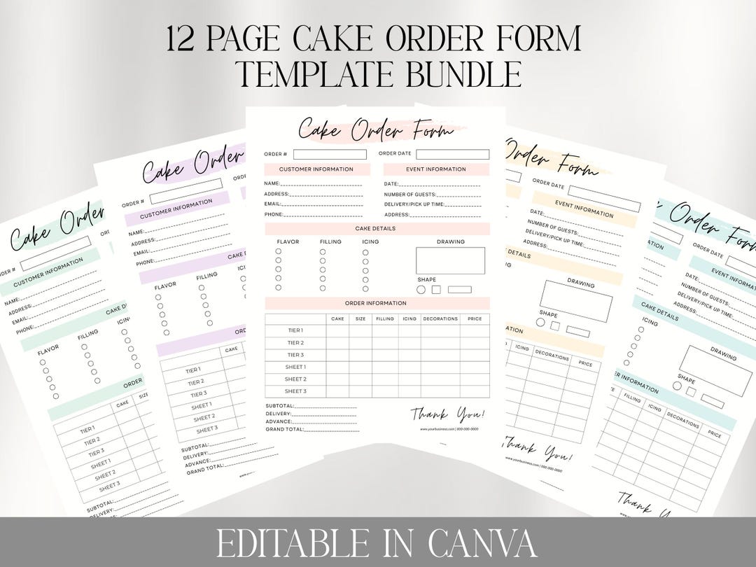 5 Page Editable Cake Order Form Canva Template, Canva Cake Templates ...