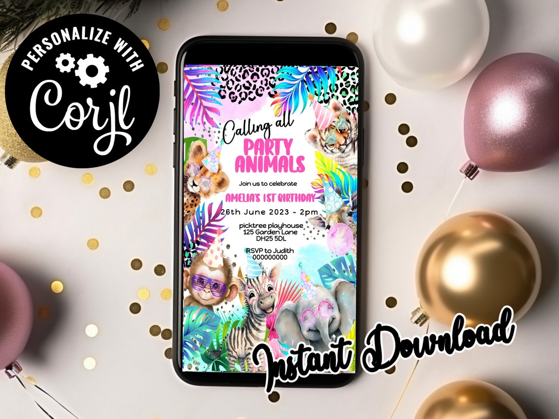 Party Animals Mobile Phone Invitation - Editable Digital, Wild One ...