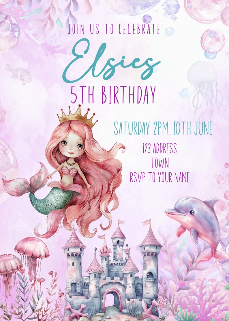 Editable Cute Mermaid Tail Digital Invitation - Girls Under the Sea ...