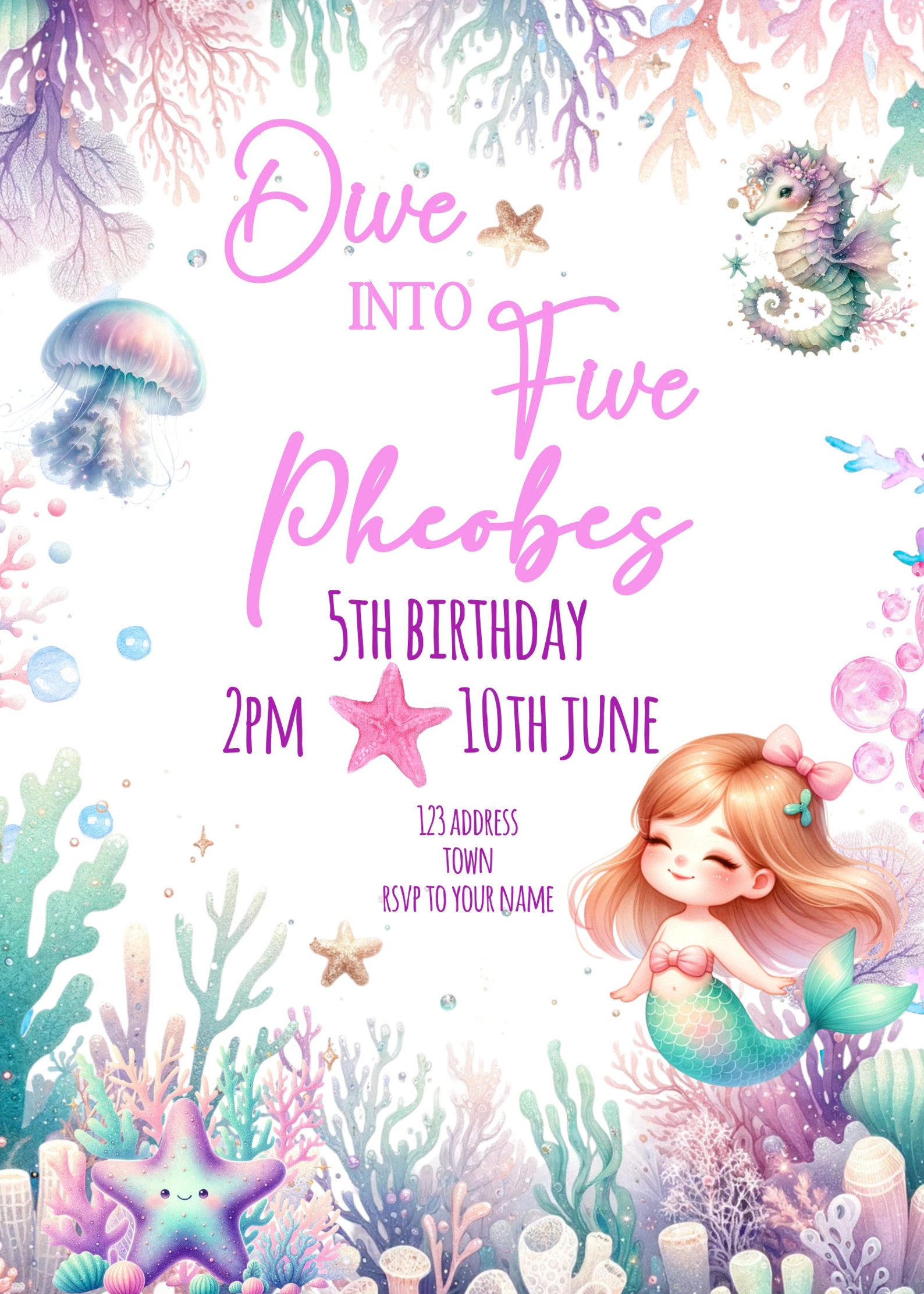 Editable Cute Mermaid Digital Invitation - Girls Under the Sea Party ...